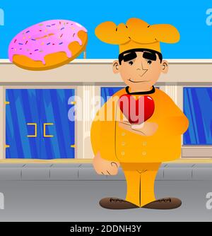 Handsome chef cartoon character holding plate with doughnuts. Cheerful ...