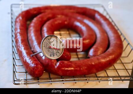 A coil of Kobasa on a cooling rack with a thermometer Stock Photo - Alamy