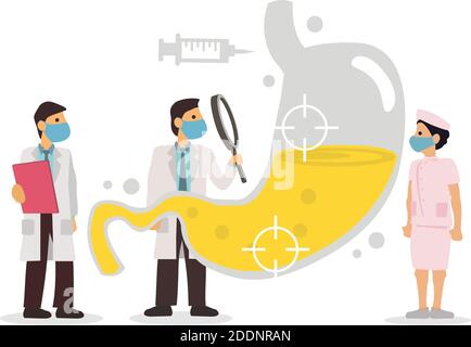 Vector graphic illustration of team of doctors diagnose human stomach ...