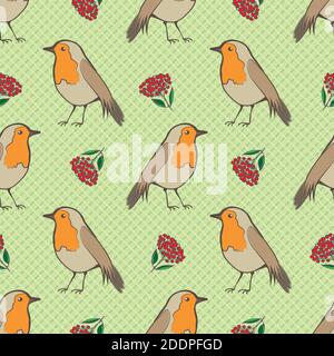 Robin Redbreast, berries and leaves seamless vector pattern background. Hand drawn European ...