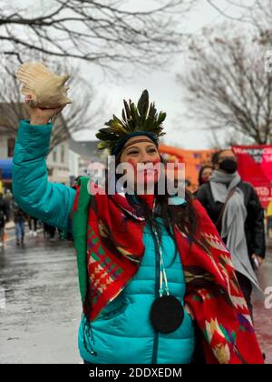 Indigenous people march during the annual "Acampamento Terra Livre," or ...