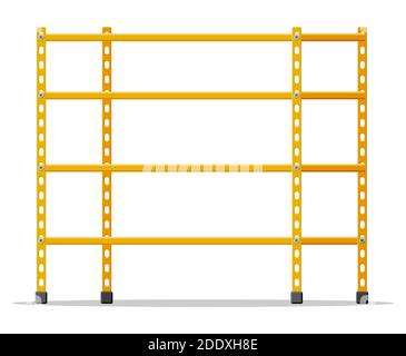 Metal yellow standing rack. Empty metallic storage shelves isolated on ...