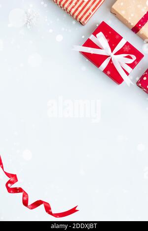 Christmas decorative blue and white boxes tied with a ribbon ...