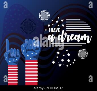 Martin Luther King Day, raised white and black hands and ribbon vector ...