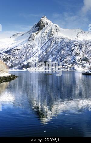 Scenic winter landscape near Svolvaer city, Lofoten Archipelago, Norway ...