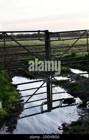 Silhouette of metal farm gate and field gatepost. For UK farming and ...