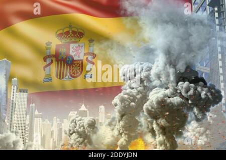 huge smoke column with fire in the modern city - concept of industrial ...