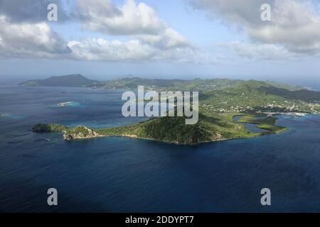 The Caribbean, Grenada: aerial view of the volcanic Island of Carriacou ...