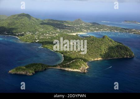 The Caribbean, Grenada: aerial view of the volcanic Island of Carriacou ...