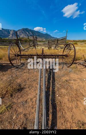 Old farm machinery at the historic Ewing-Snell Ranch at Bighorn Canyon ...