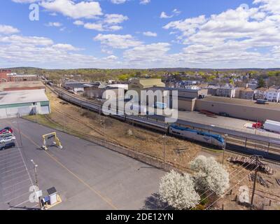 Aerial view of Amtrak Downeaster line between Boston Massachusetts and ...