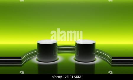 Modern, bright showcase for two products with green background lights ...