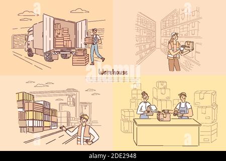 Warehouse worker scanning barcode on cardboard box. Checking bar code ...