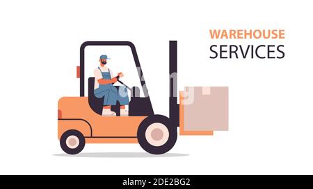 Forklift loading pallets with cardboard boxes, side view. Logistics and ...