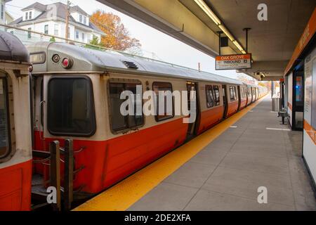 Boston Metro MBTA Orange Line interior at Oak Grove Station in Malden ...