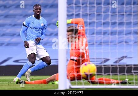 Manchester City's Benjamin Mendy scores his side's third goal of the game during the Premier ...