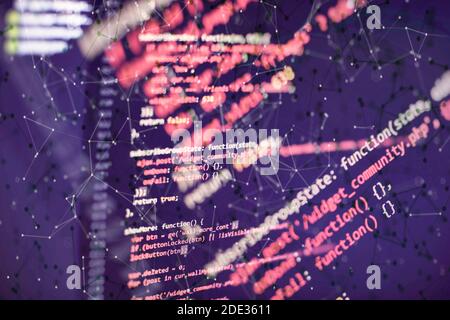 Desktop PC monitor photo. Javascript functions, variables, objects. Project managers work new ...