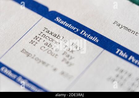 A UK payslip showing statutory details for taxable pay, tax paid and NI ...