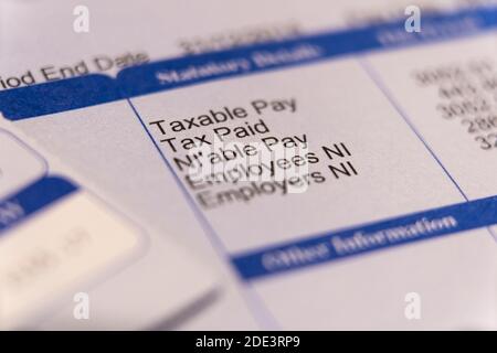 A UK payslip showing statutory details for taxable pay, tax paid and NI ...