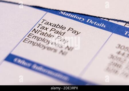 A UK payslip showing statutory details for taxable pay, tax paid and NI ...