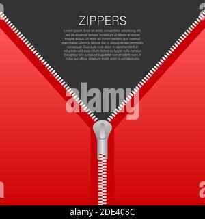Sewing accessory zipper. Metallic open zippers and pullers. Stock vector illustration Stock ...
