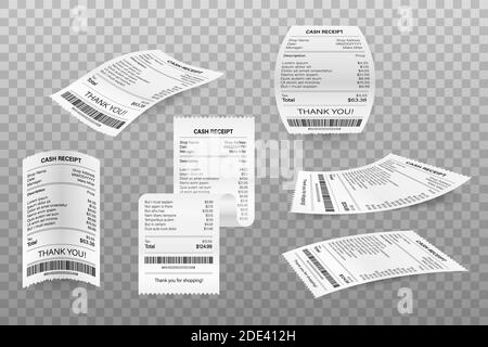 Realistic set of shop receipts isolated on transparent background. Vector illustration of cash ...