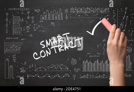 Hand drawing SMART CONTRACT inscription with white chalk on blackboard ...
