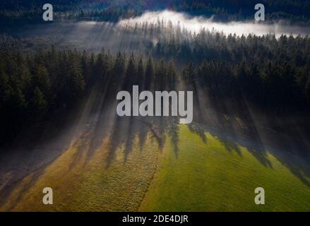 Aerial drone view of morning haze and mist above village houses ...