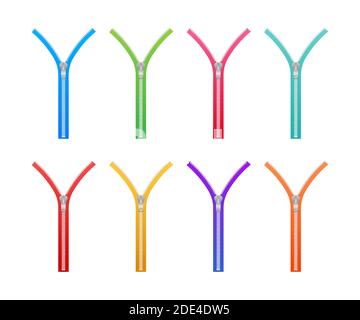 zippers type set fastener. Metallic closed and open zippers and pullers ...