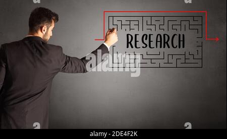 businessman drawing maze with RESEARCH inscription, business education ...