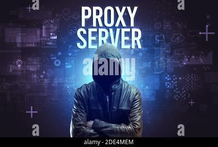 Faceless man with PROXY SERVER inscription, online security concept ...