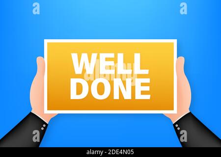 Great job. Cartoon poster with hand holding placard for banner design ...