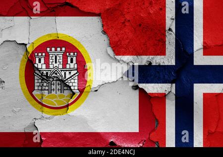 Flags of Bergen and Norway painted on cracked wall Stock Photo - Alamy