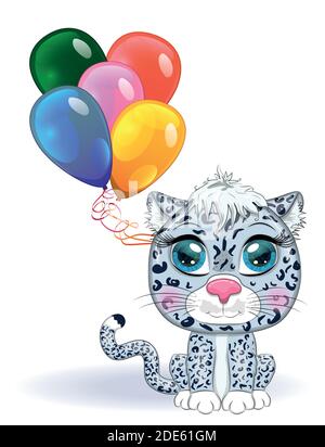 Cartoon snow leopard with expressive eyes among flowers, hearts ...