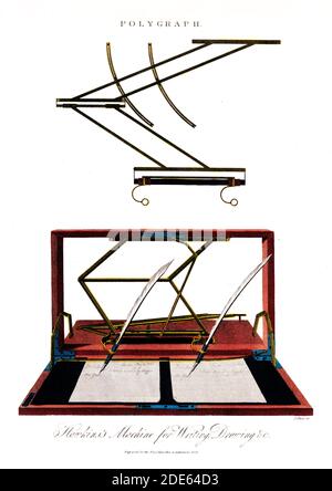 Print shows a duplicating device, or polygraph, for simultaneously producing two copies of a ...