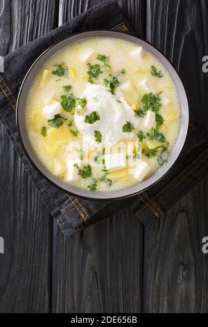 Potato cream soup garnished with white truffles Stock Photo - Alamy