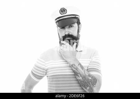 Beard sailor man sailing sea ocean in a boat with captain cap looking horizon Stock Photo - Alamy