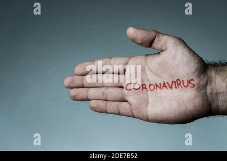 CORONA, text written on red grungy postal stamp Stock Photo - Alamy