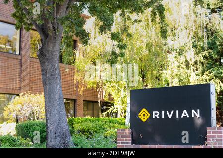 Rivian sign logo at headquarters in Silicon Valley. Rivian is an ...