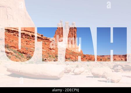 Utah sign - US state name isolated on black with background landscape ...