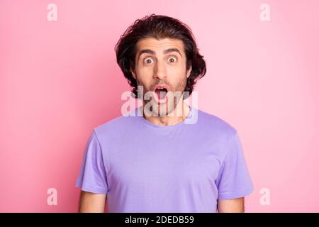 Close up photo of impressed cool man arm touch face beaming smile ...