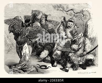 Vintage engraving of Traditional costumes, Actors of Java. Indonesia ...