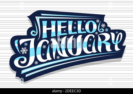 Hello January hand written quote with colorful fireworks on a dark blue ...