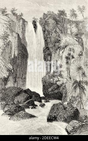 A late 19th century view of waterfall and bridge at Poulaphouca, aka ...