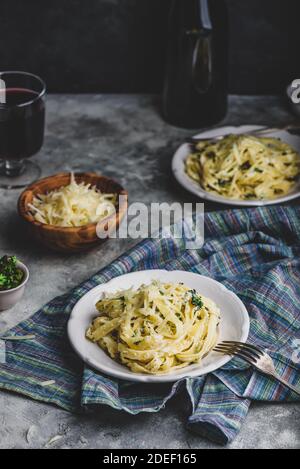 fettuccine in white bowl on linen cloth, wide photo Stock Photo - Alamy