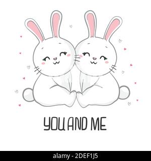 Cute romantic card with funny rabbit in love with red hearts ...