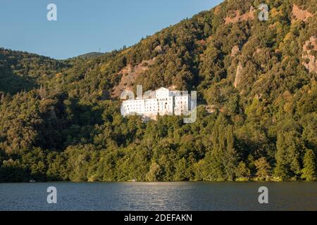 skyline of Monticchio lake in the sunset. It is an amazing lake with ...