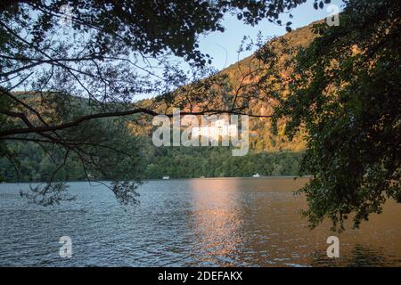 skyline of Monticchio lake in the sunset. It is an amazing lake with ...