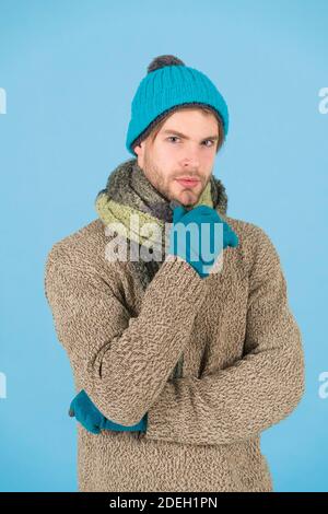 I hate cold. Man wear winter clothes. Man ready to celebrate winter ...