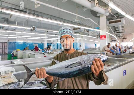 Traditional fish market in Mutrah, Oman. Several types of fish for sale ...